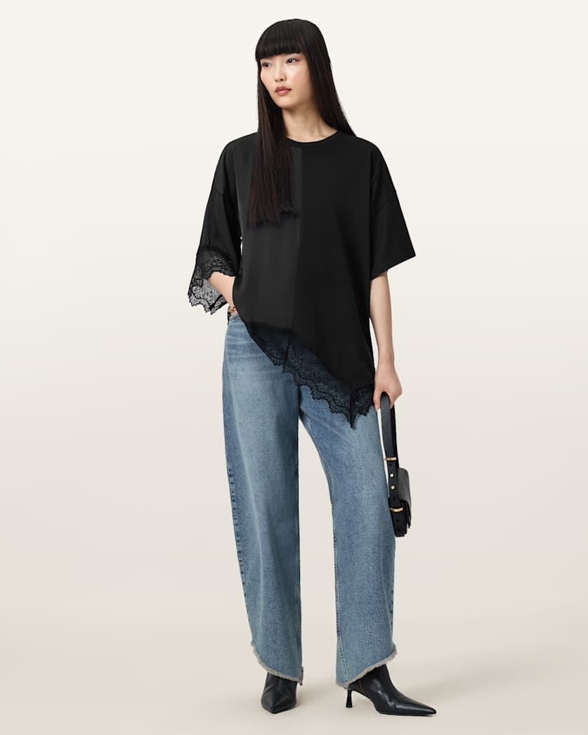 Lenny Short Sleeve Lace T-Shirt Black | ALLSAINTS